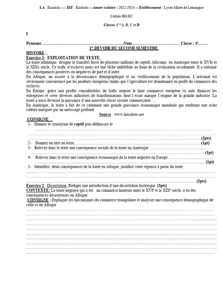 1er Devoir Second Semestre 4e Hg-1 | PDF | Afrique