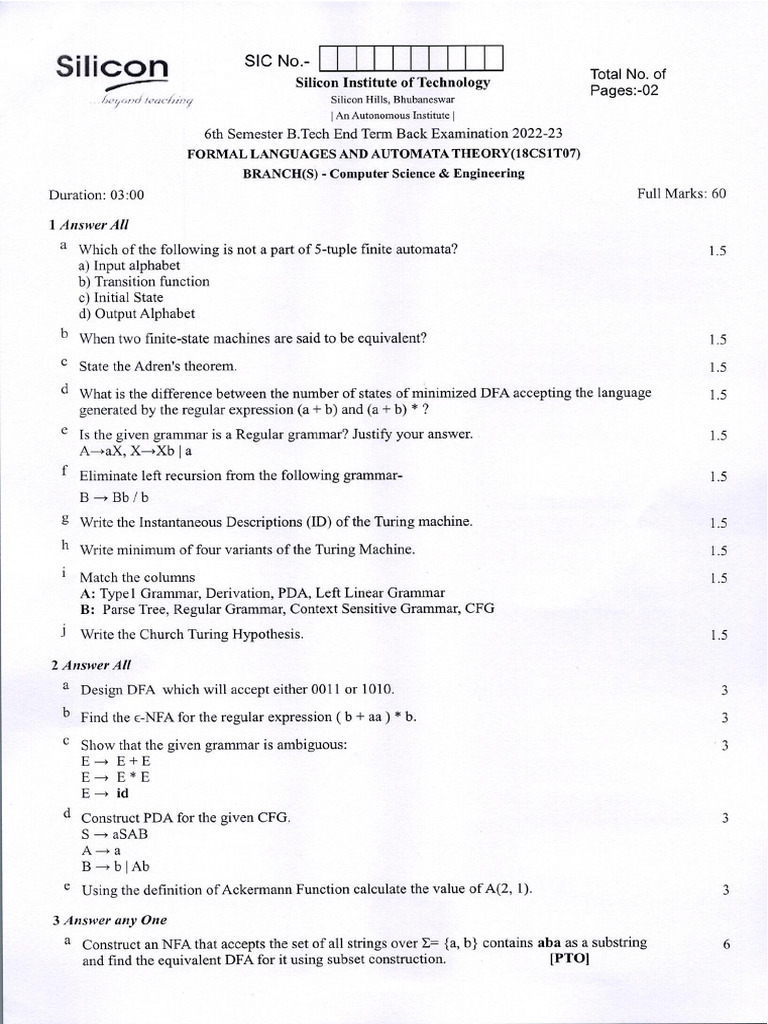 Formal Languages and Automata Theory (18cs1t07) - End Term Back Exam - 2022-2023 | PDF