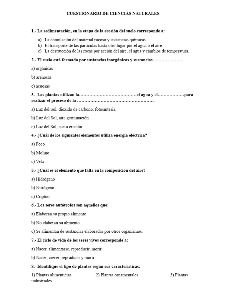 Cuestionario de Ccnn. | PDF | Suelo | Plantas