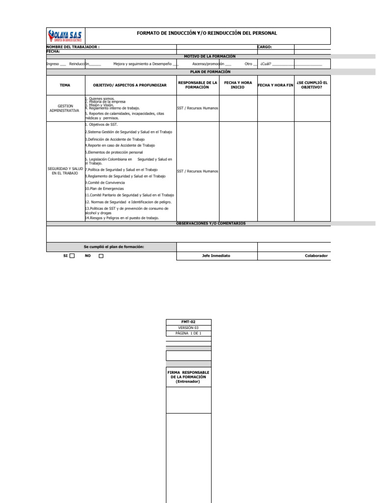Fmt-02 Inducción Y.O Reinducción de SST | PDF