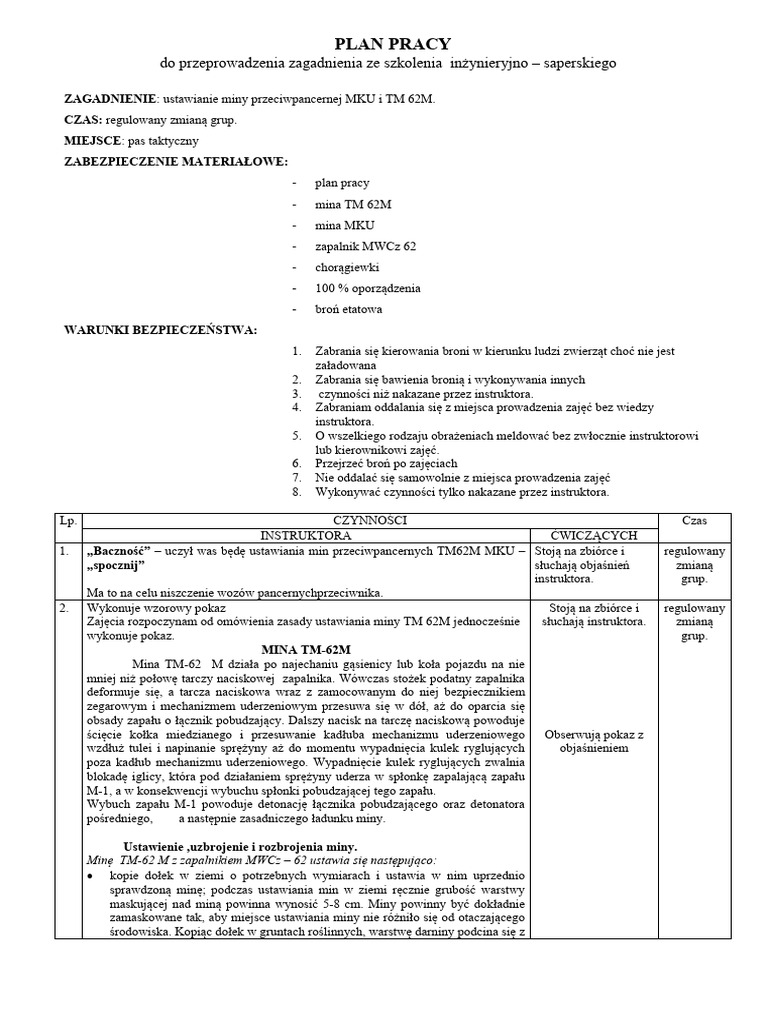 Plan Pracy - Saperskie - Ustawianie Miny Przeciwpancernej TM 62 M I MKU 17.01.2007 R | PDF