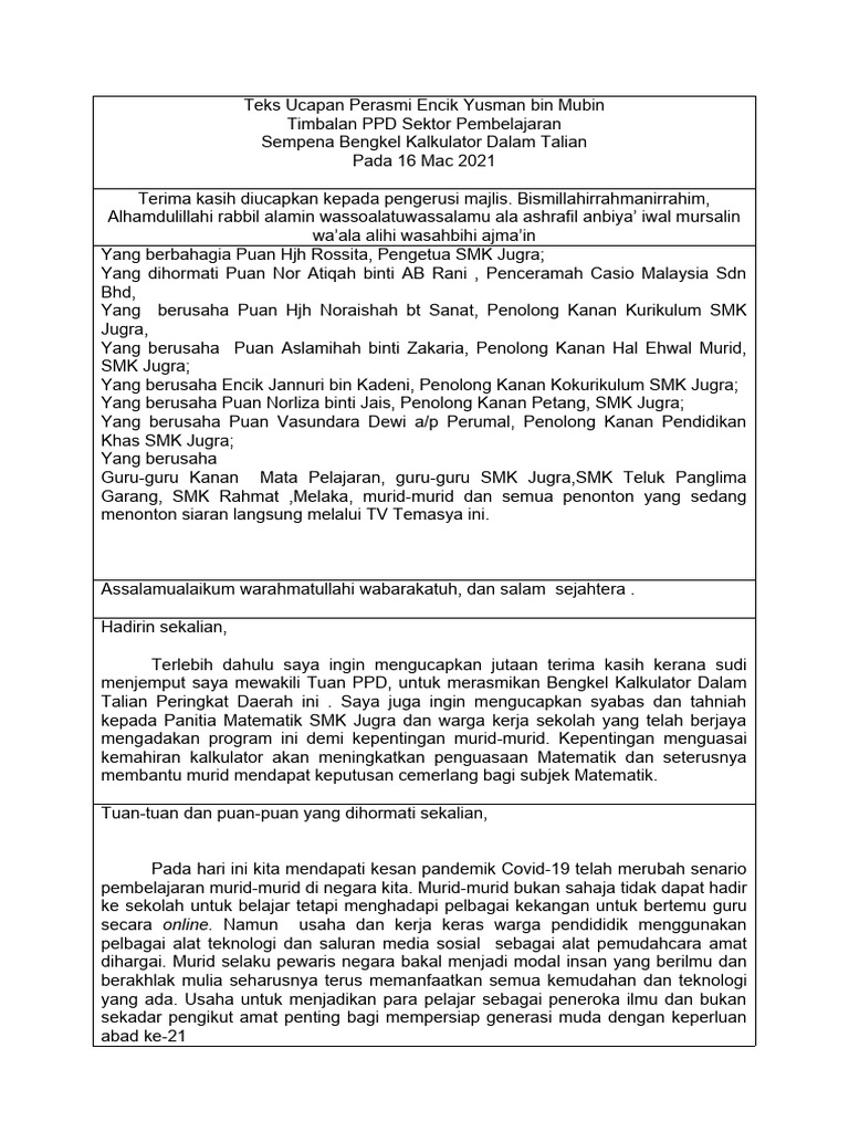 Teks Ucapan PERASMIAN Timbalan PPD SEKTOR PEMBELAJARAN | PDF
