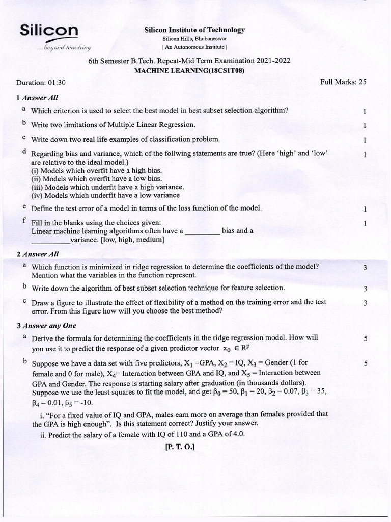 Machine Learning (18CS1T08) - Repeat Mid Term Exam - 2021-2022 | PDF