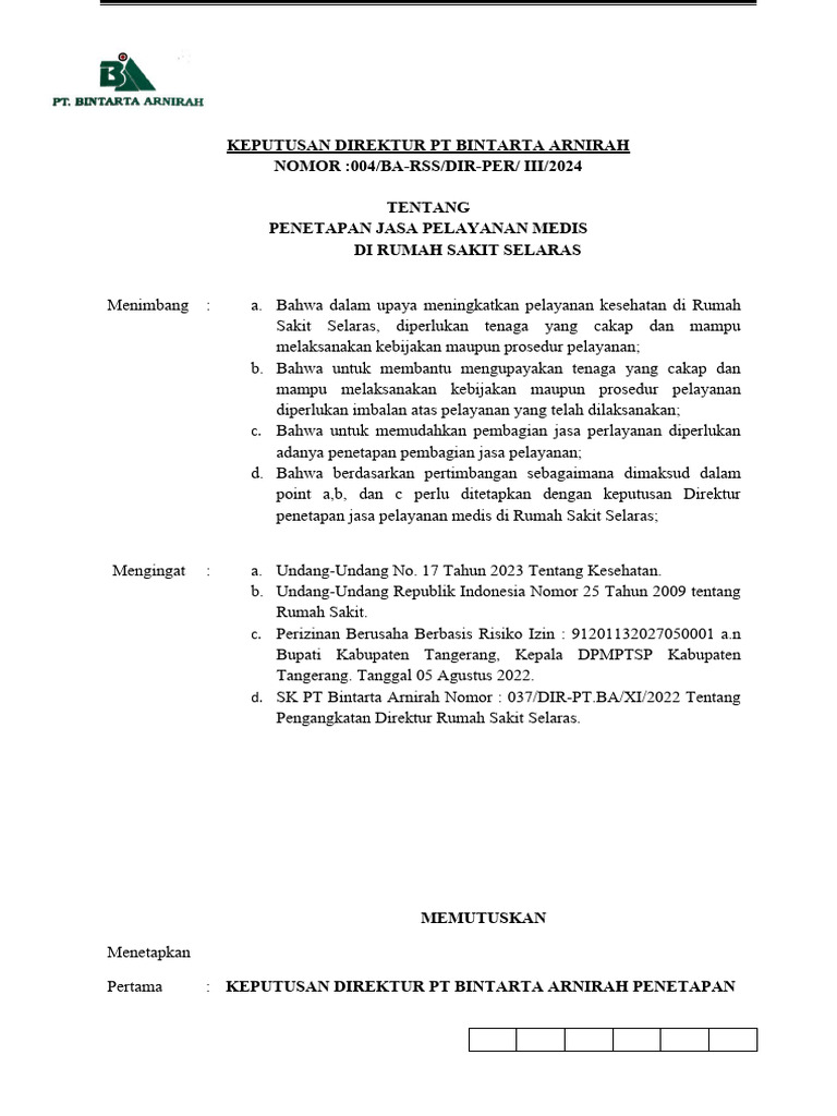 Penetapan Jasa Medis RS Selaras | PDF