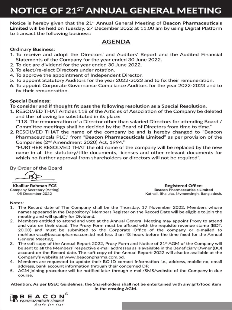 Notice of The 21st AGM | PDF