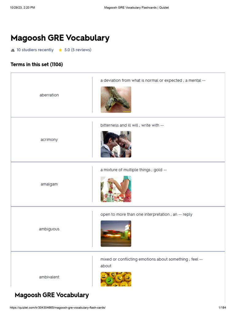 Magoosh GRE Vocabulary Flashcards - Quizlet | PDF | Vocabulary