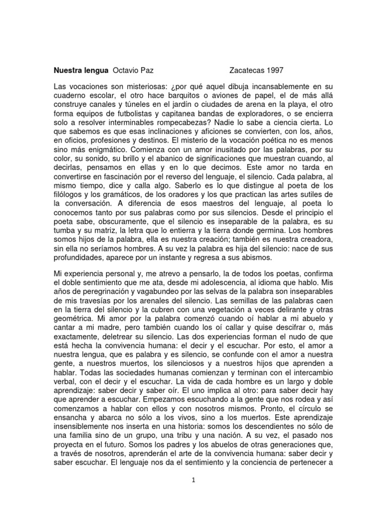 Nuestra Lengua de Octavio Paz | Descargar gratis PDF | Lengua española | Nación