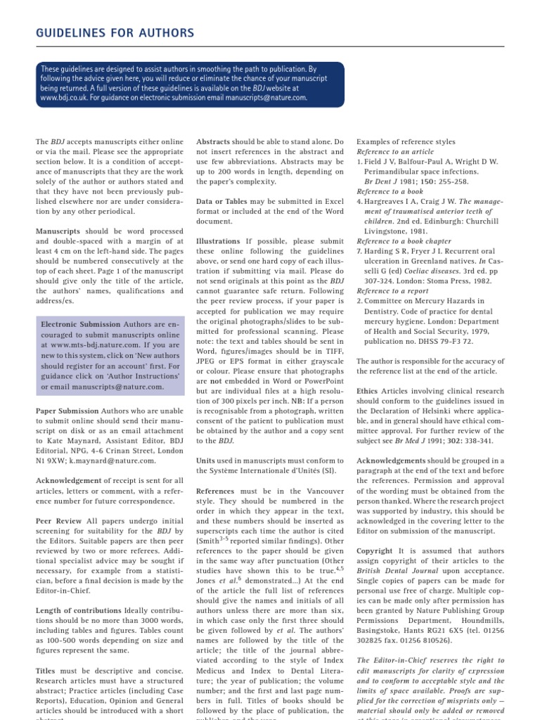 Guidelines For Contributors in BDJ | PDF | Editing | Wellness