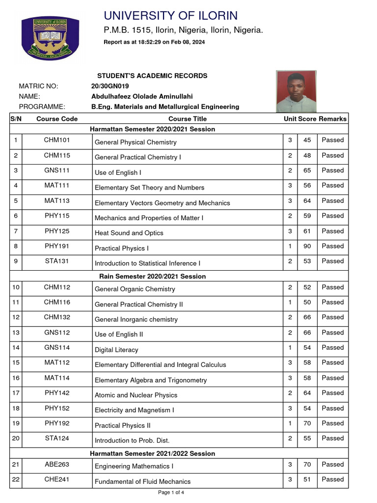Student Transcript | PDF | Engineering | Physics
