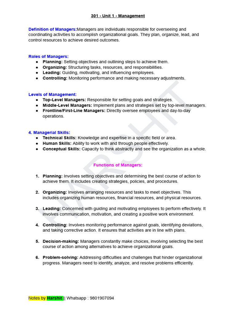 Unit - 1 Management - Harshit | PDF | Goal | Decision Making