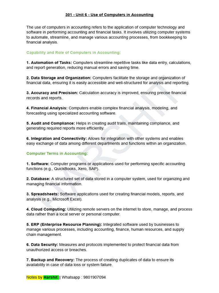 Unit - 6 Use of Computers in Accounting - Harshit | PDF | Enterprise Resource Planning | Computing