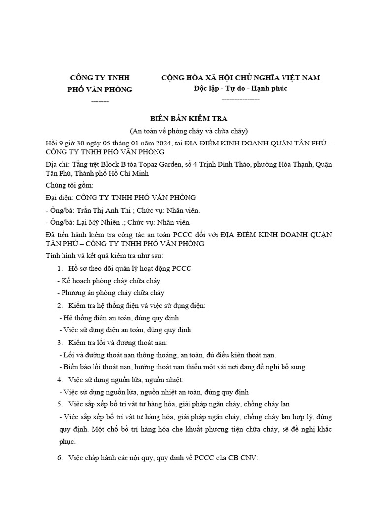 Biên Bản Tự Kiểm Tra PCCC T01 | PDF