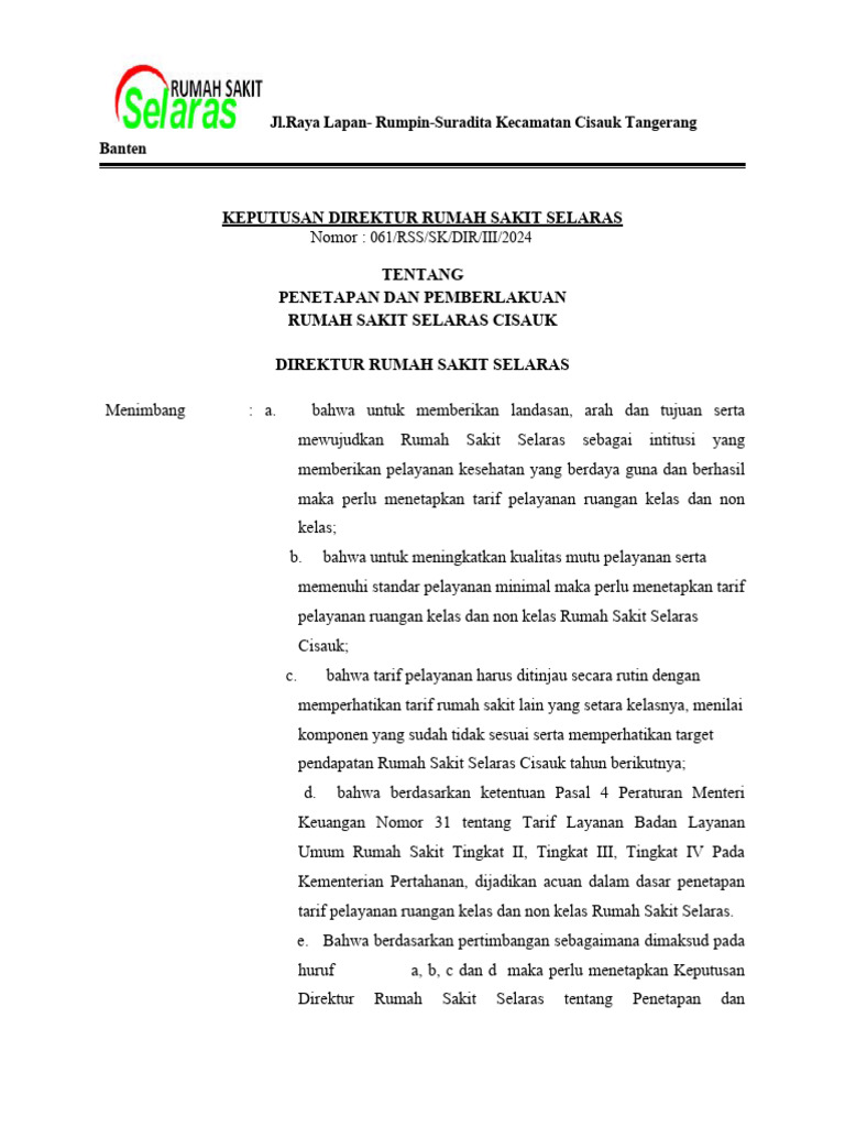 Tarif Pelayanan Rumah Sakit Selaras | PDF