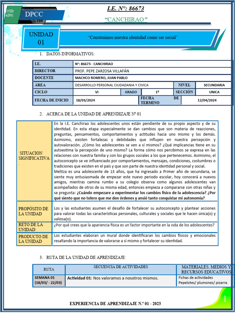 1º DPCC - Und.1 2023 | PDF | Aprendizaje | Evaluación