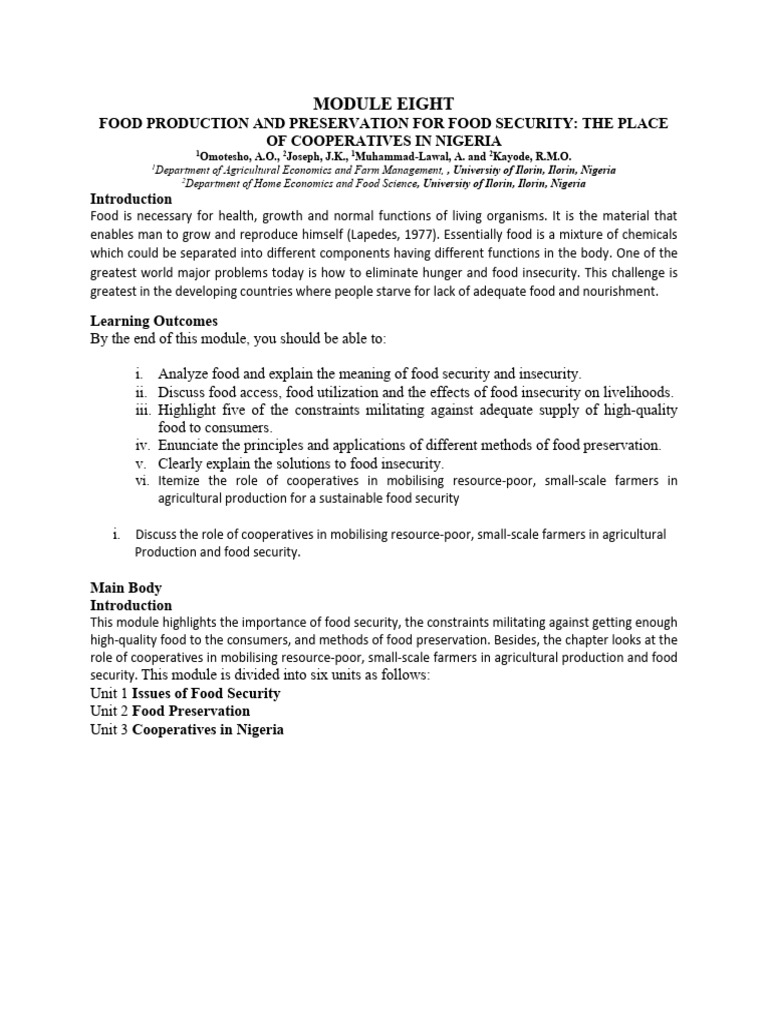 Food Production And Preservation For Food Security The Place Of
