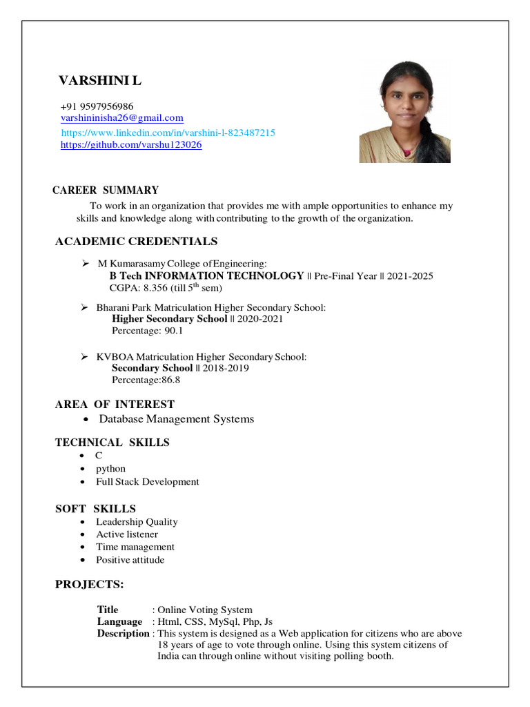 Varshini L (IT) Resume Final | PDF | Computing
