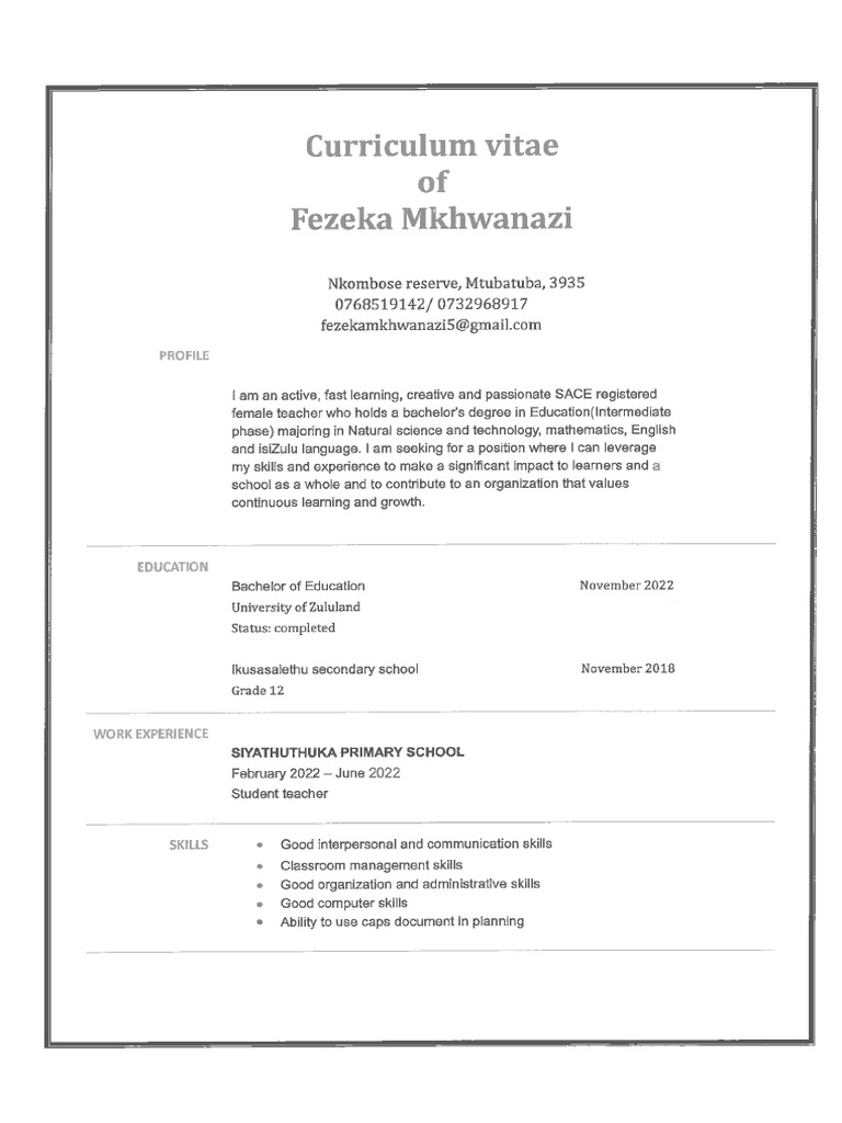 Fezeka Mkhwanazi CV | PDF