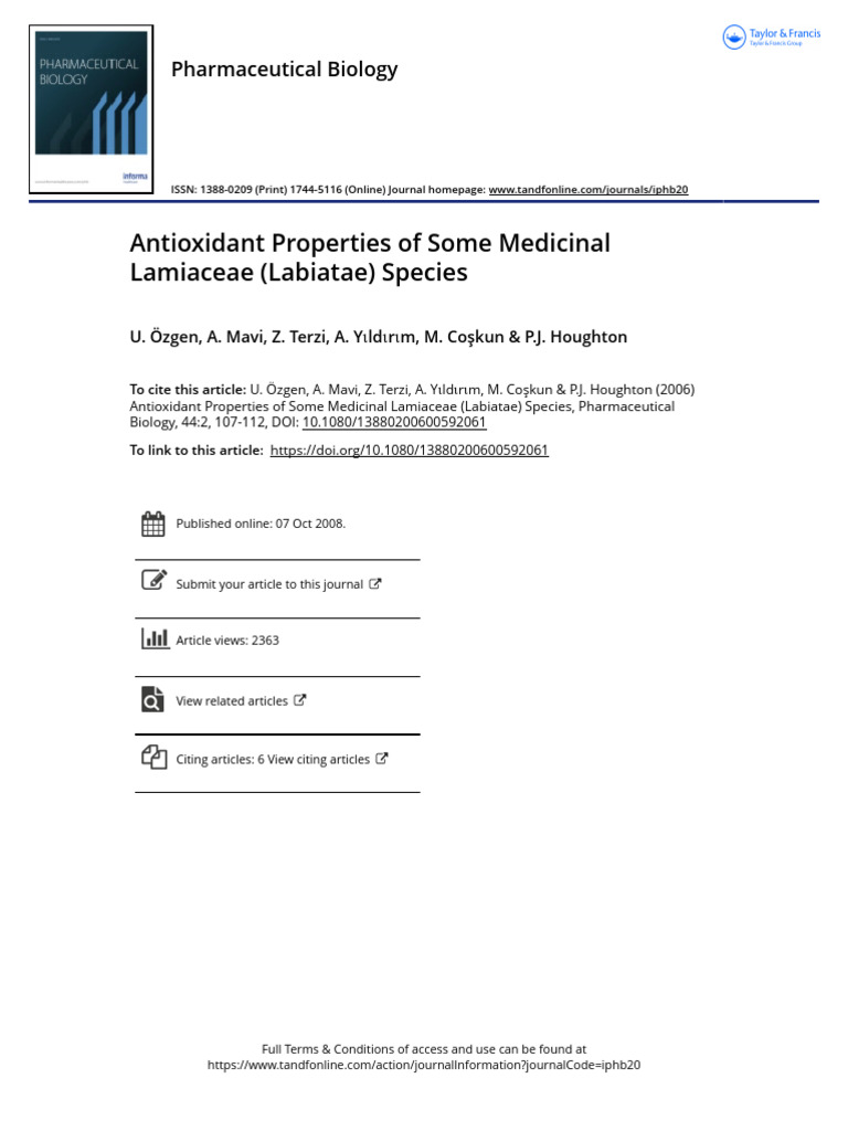 Antioxidant Properties of Some Medicinal Lamiaceae Labiatae Species ...
