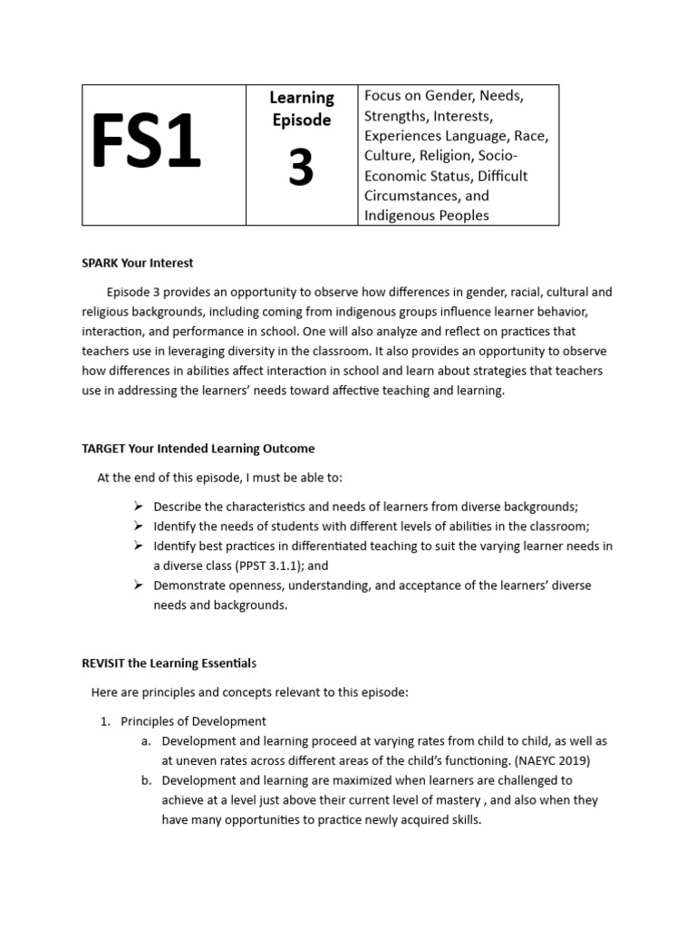 FS 1 Le 3 | PDF | Learning | Differentiated Instruction