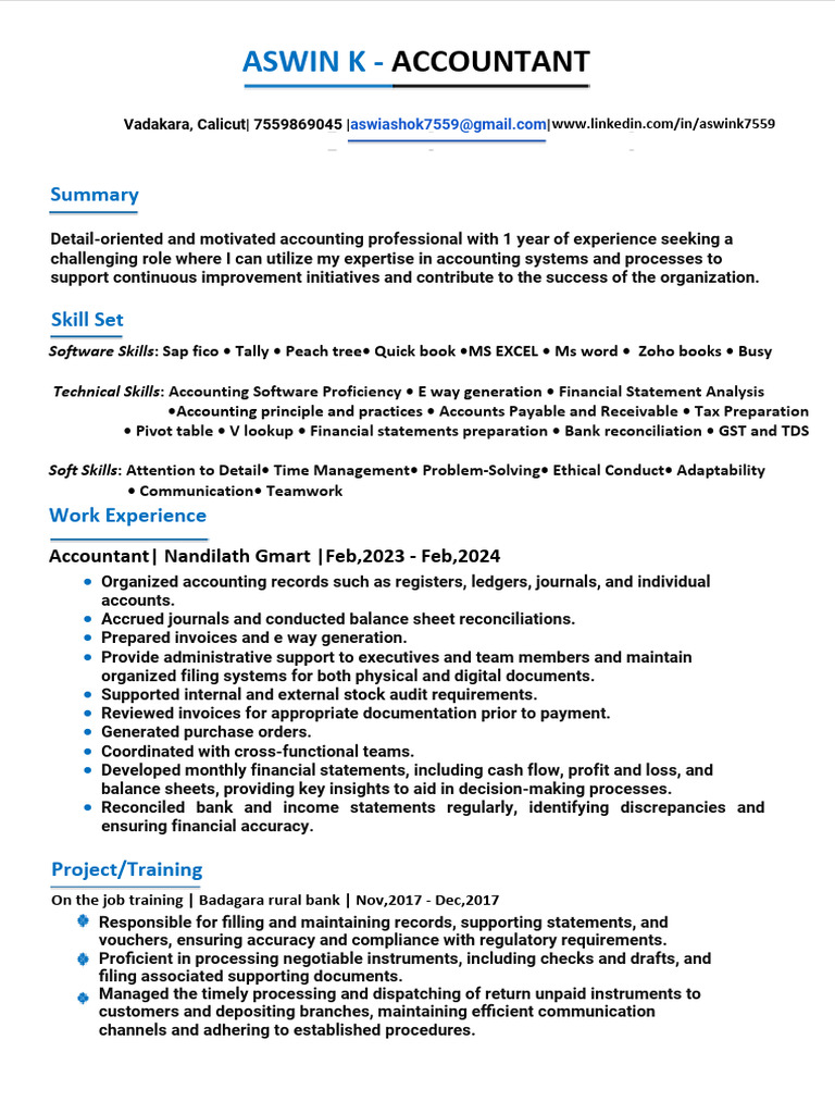 Aswin K - Resume - Apna | PDF | Accounting | Balance Sheet
