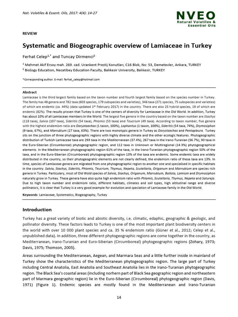 Lamiaceae Diversity in Turkey: Overview | PDF | Anatolia | Taxonomy ...