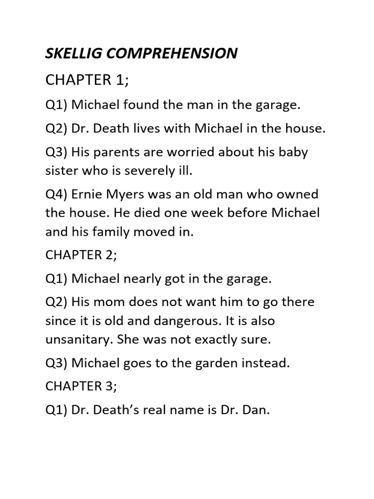 Skellig Chapter Summaries & Questions | PDF