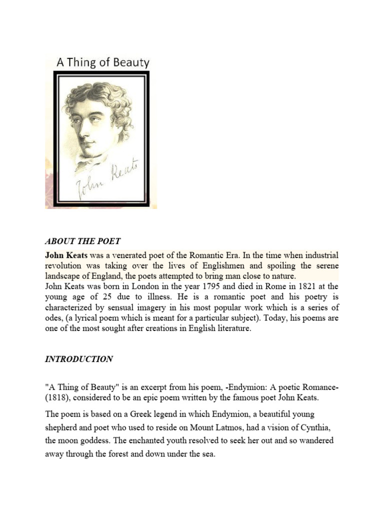 A thing of beauty NOTES | PDF | Poetry | John Keats