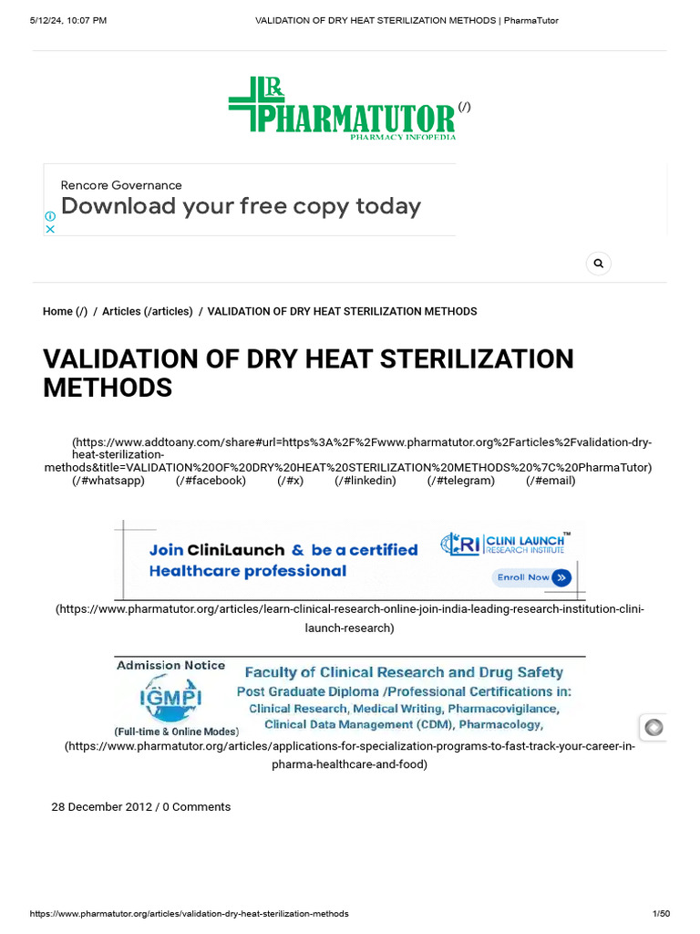 Validation of Dry Heat Sterilization Methods _ Pharmatutor | PDF | Sterilization (Microbiology ...