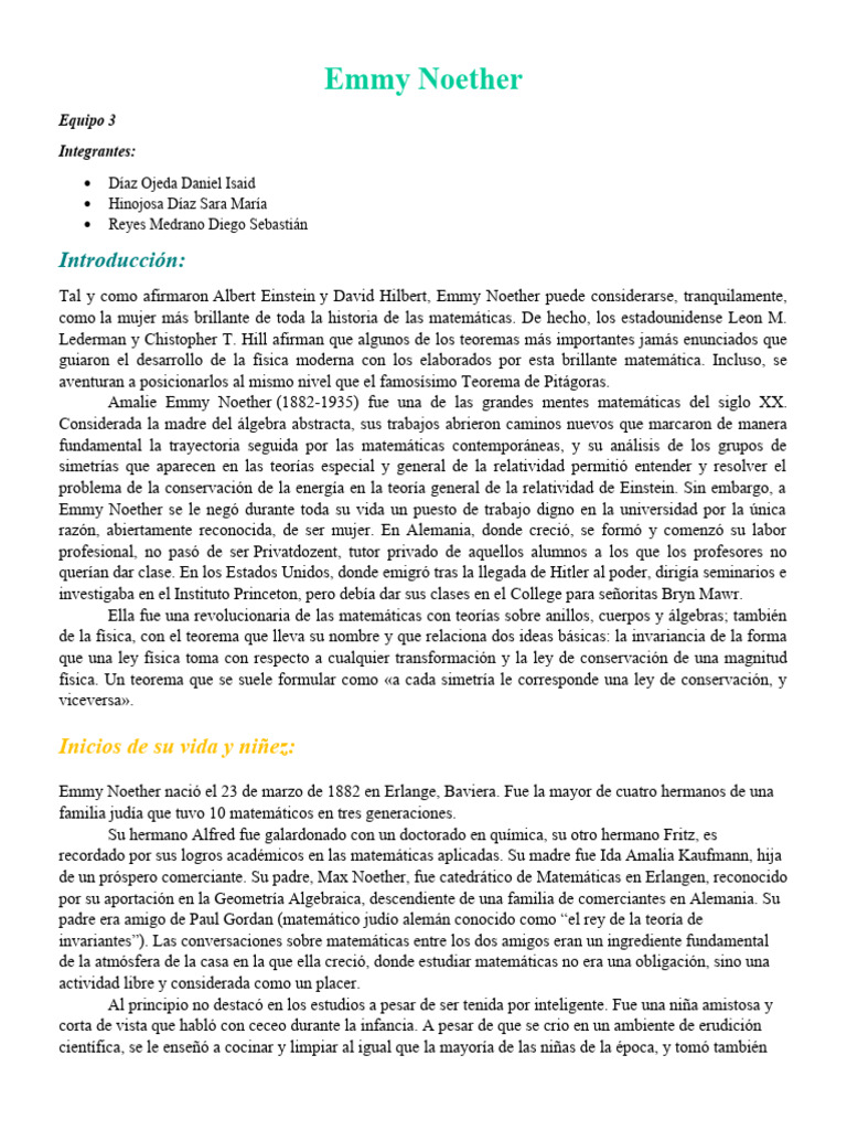 Emmy Noether (1) | PDF | Teorema de Noether | Matemáticas
