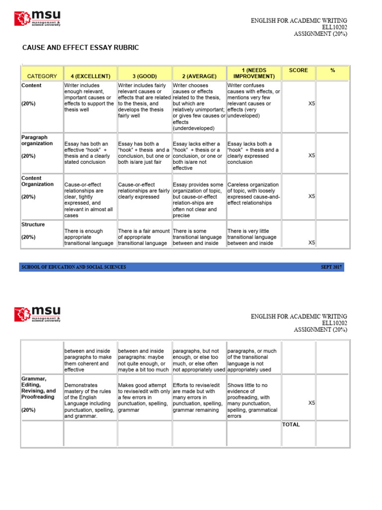 Rubric - Cause and Effect Essay | Download Free PDF | Essays | Proofreading