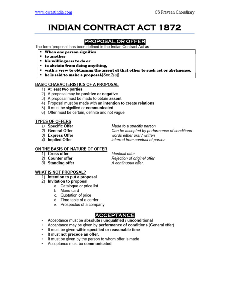 Indian Contract Act: Proposals & Offers | PDF | Misrepresentation ...