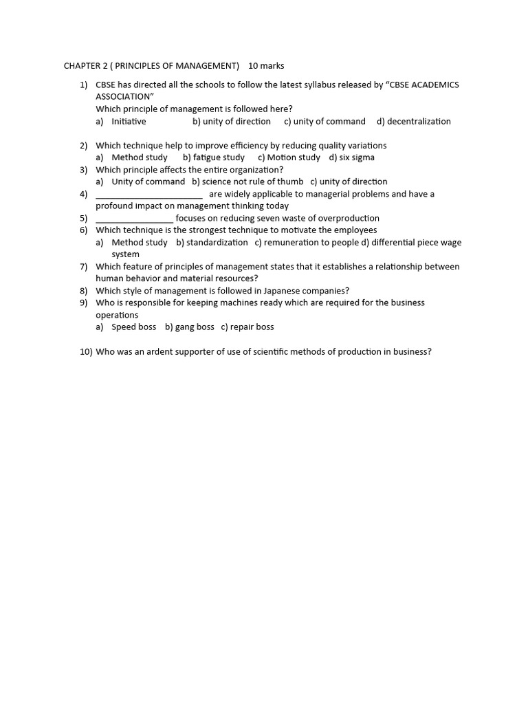 BST Principles of Management Class Test | PDF