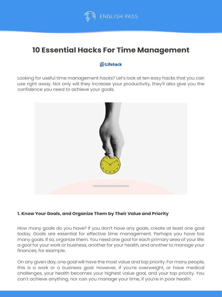 10 Essential Hacks For Time Management | PDF | Time Management ...