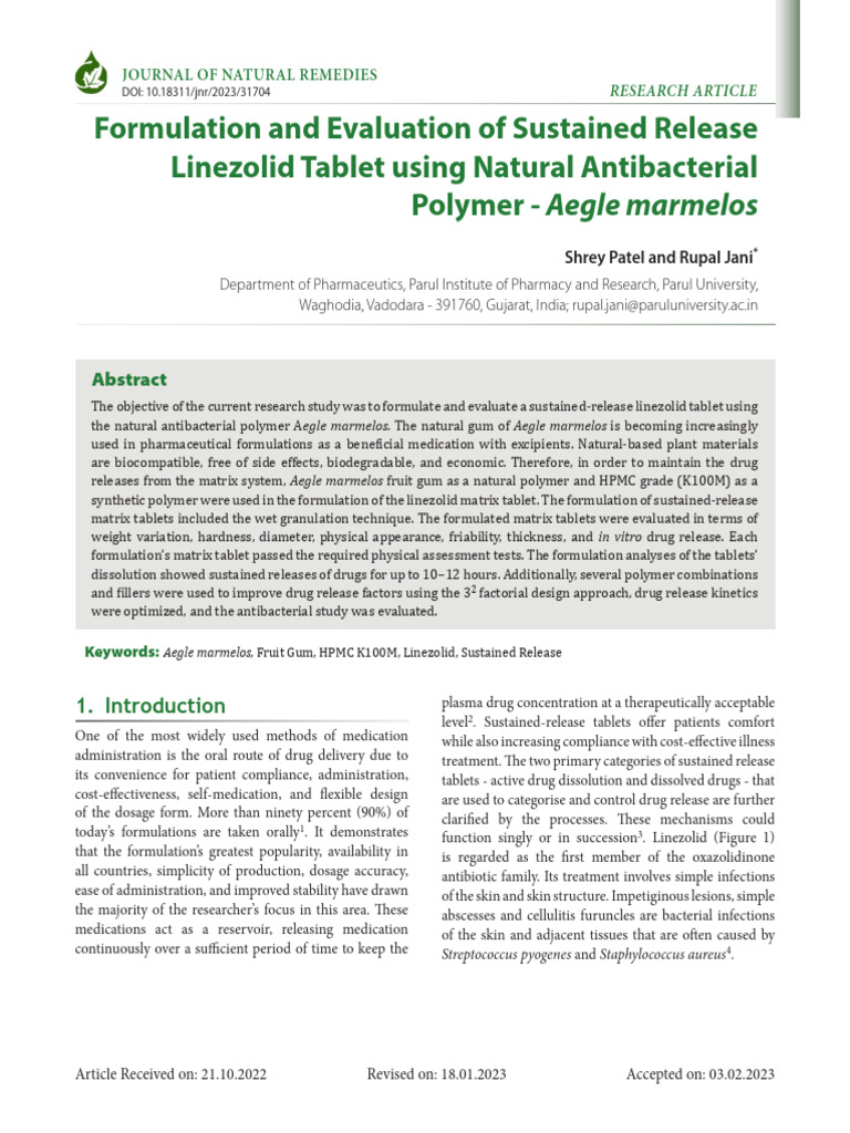 Sustained Release Linezolid Tablet Formulation | PDF | Tablet (Pharmacy ...