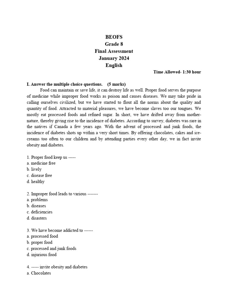 Grade 8 English Final Assessment 2024 | PDF