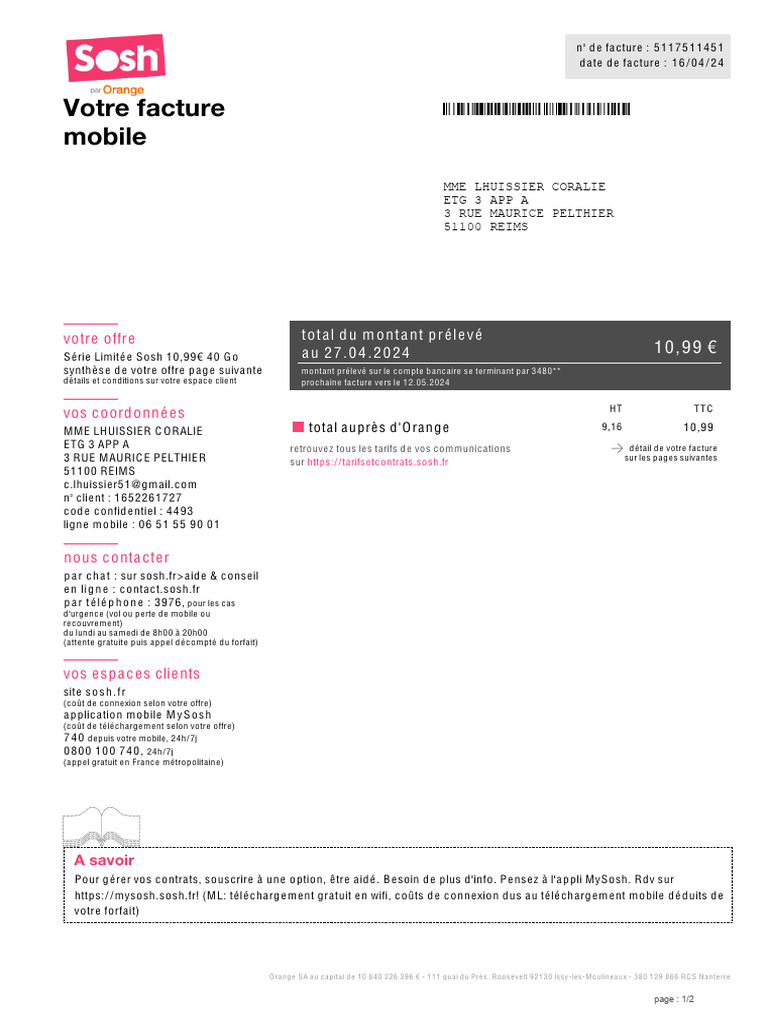 Facture Mobile Sosh - Avril 2024 | PDF