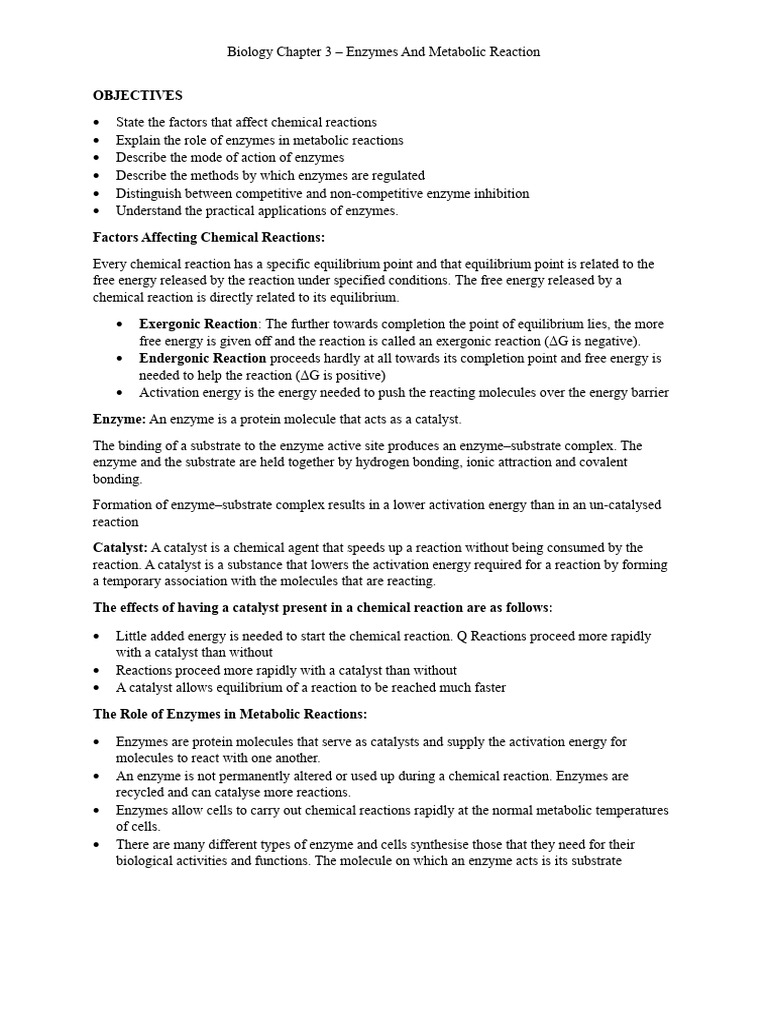 BIOLOGY Chapter 3 - Enzymes | PDF | Enzyme | Active Site