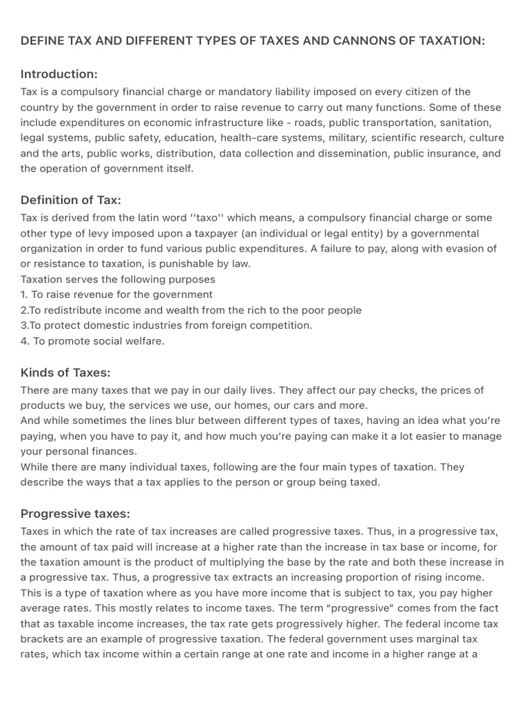 Define Tax and Different Types of Taxes and Cannons of Taxation | PDF ...