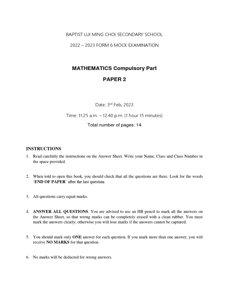 2022-23 F6 Math Mock Exam Paper II | PDF | Circle | Area