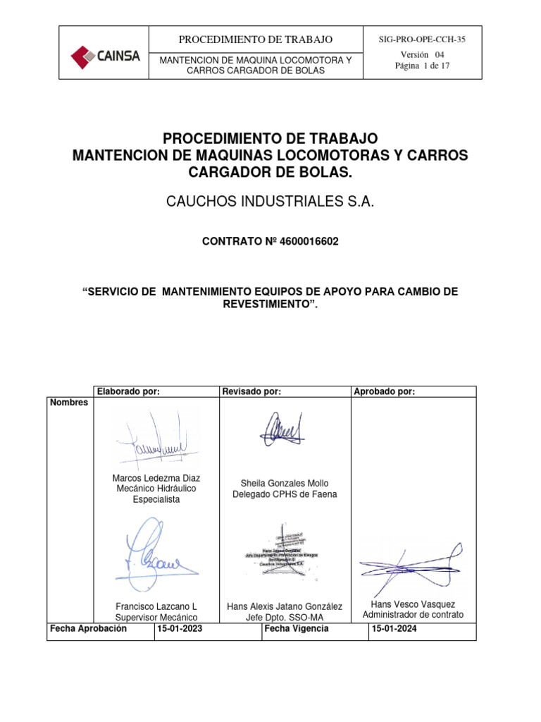 SIG-PRO-OPE-CCH-35 - MANTENCION DE MAQUINA LOCOMOTORA Y CARROS CARGADOR ...