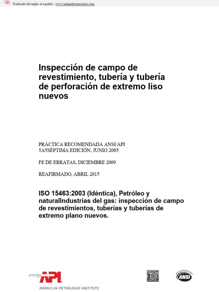 API 5A5-2015 Field Inspection of New Casing, Tubing, and Plain-End ...