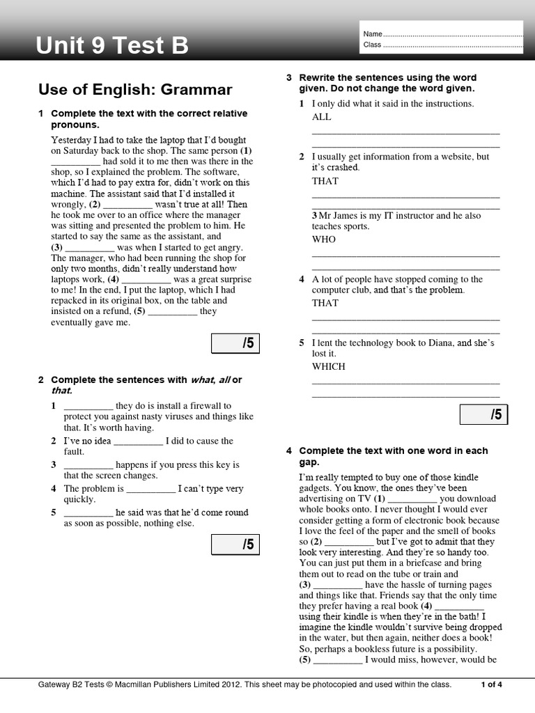 Gateway B2 Unit 9 Test B: Grammar & Vocabulary | PDF