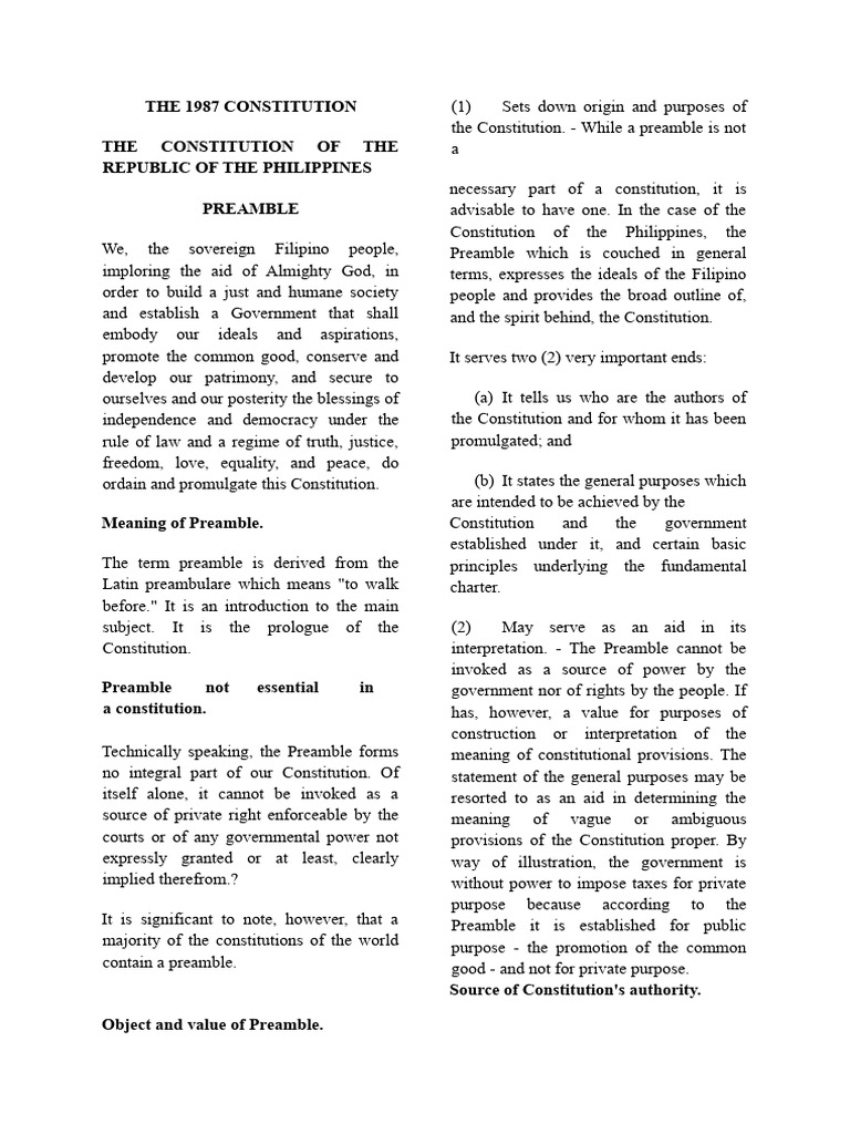 THE 1987 CONSTITUTION Preamble Art. 1 and Art. 2. | PDF | International Law | Territorial Waters