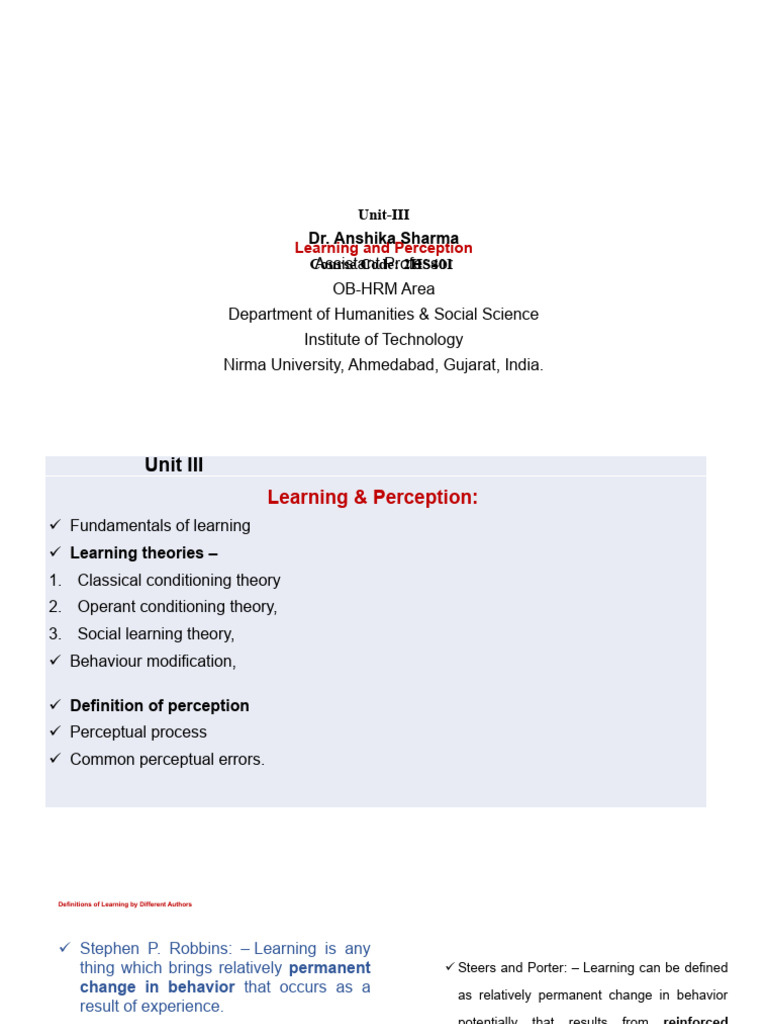 UNIT-3 Learning - Perception (S) | PDF | Classical Conditioning | Learning