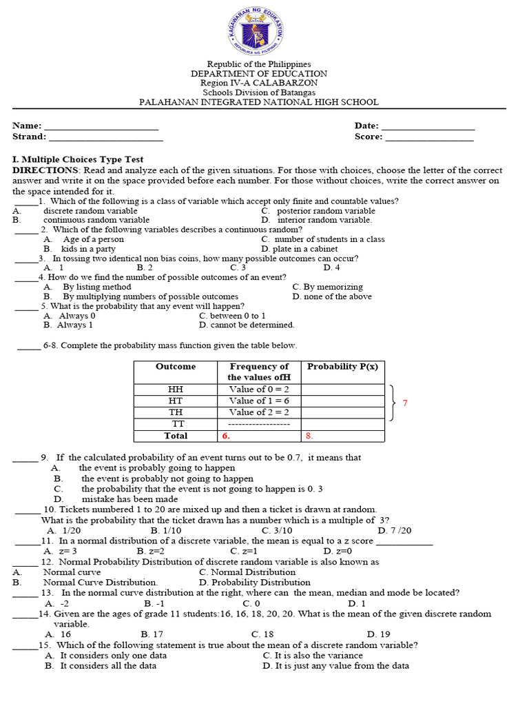 3rdPTProbNStatsHUMSS1-2024 | PDF | Probability Distribution | Random Variable