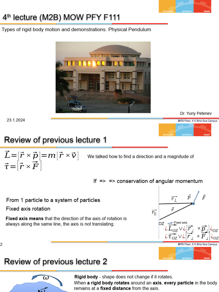 4th Lecture | PDF | Rotation Around A Fixed Axis | Rotation