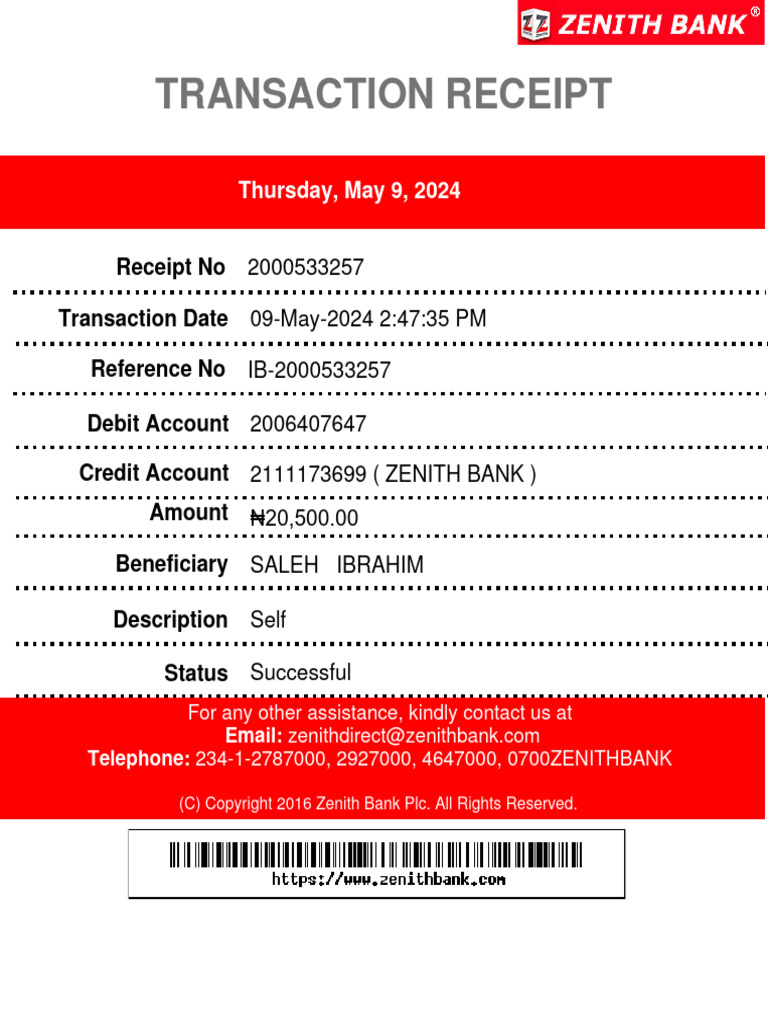 Zenith Bank Transaction Receipt 2024 | PDF