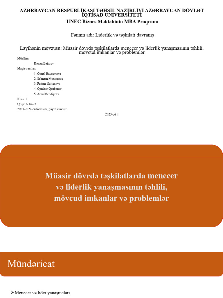 Müasir Dövrdə Təşkilatlarda Menecer VƏ Liderlik Yanaşmasının Təhlili ...