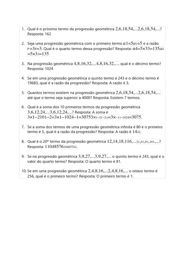 10 Questões De Progressao Geometrica Para Concurso Parte 15 Pdf