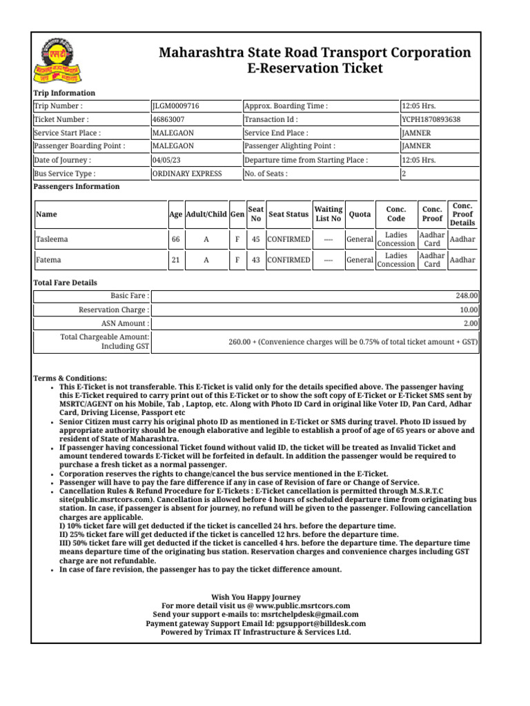 __ MSRTC __ Online Reservation System | PDF | Fare